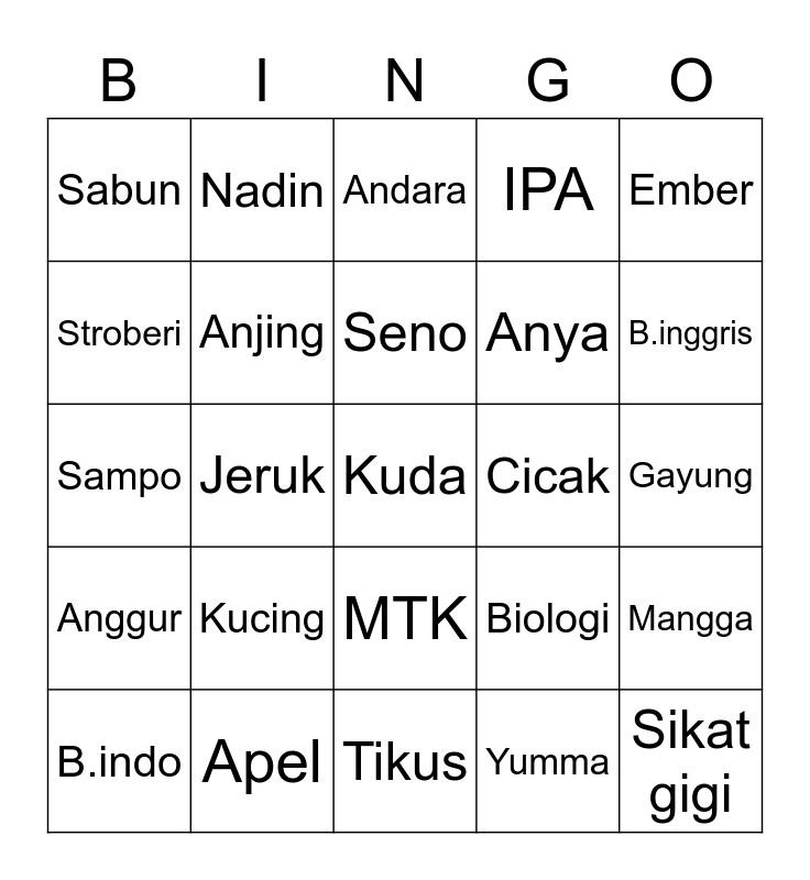 Bingo Anya Bingo Card
