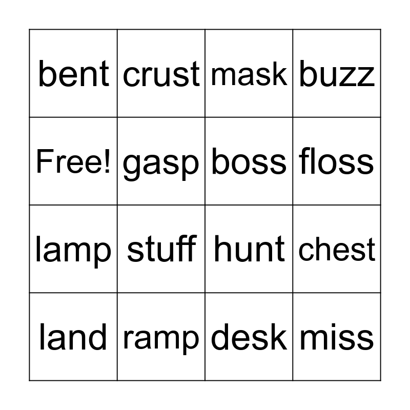 Spelling Word Bingo Card