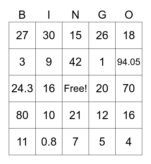 Proportions Practice Bingo Card