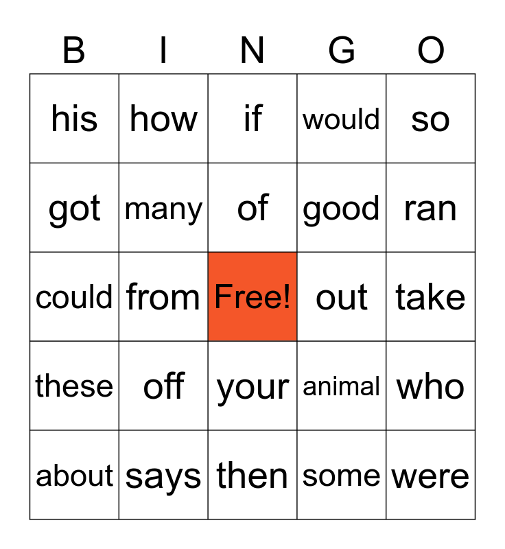 2G Power Word Bingo Card