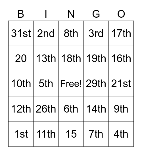 Ordinal Numbers Bingo Card