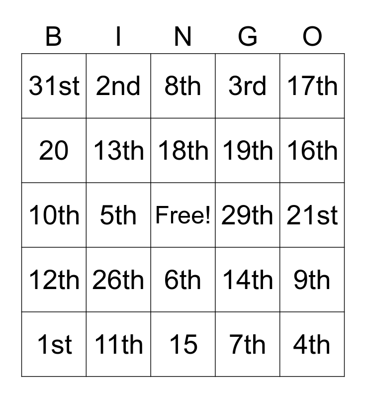 Ordinal Numbers Bingo Card