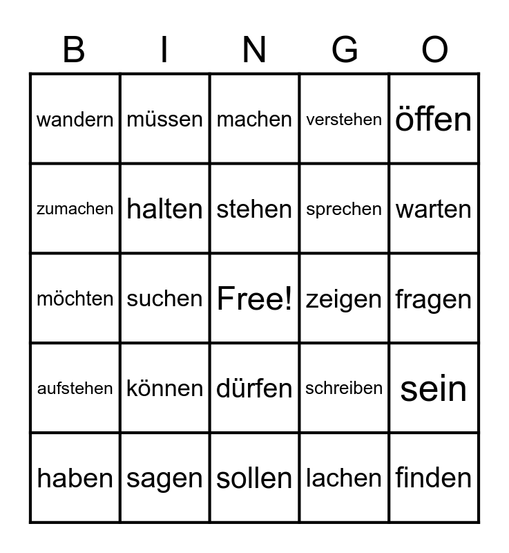 German Verbs Bingo Card