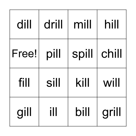 -ill word family Bingo Card