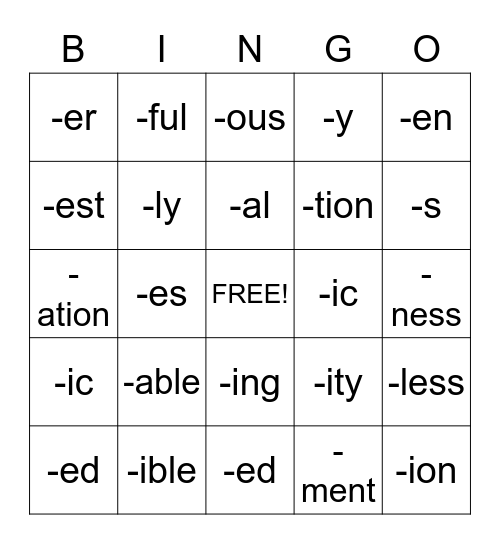 Suffixes Bingo Card