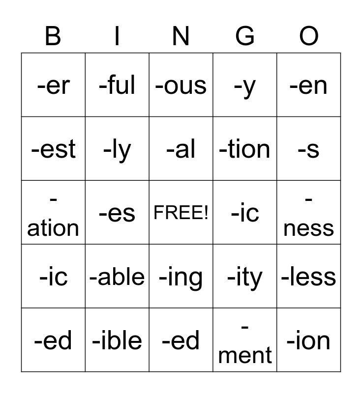Suffixes Bingo Card