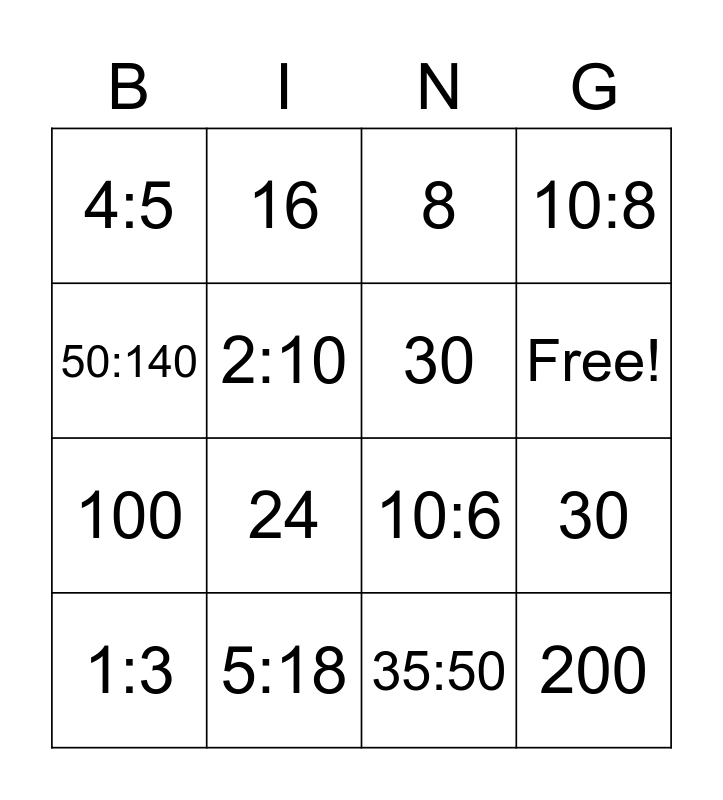 Ratios Bingo Card