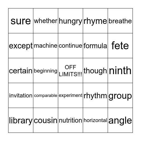 Common Words Bingo Card