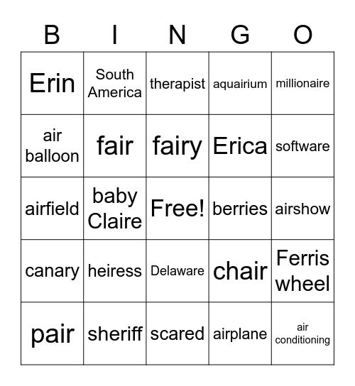 Air words Bingo Card