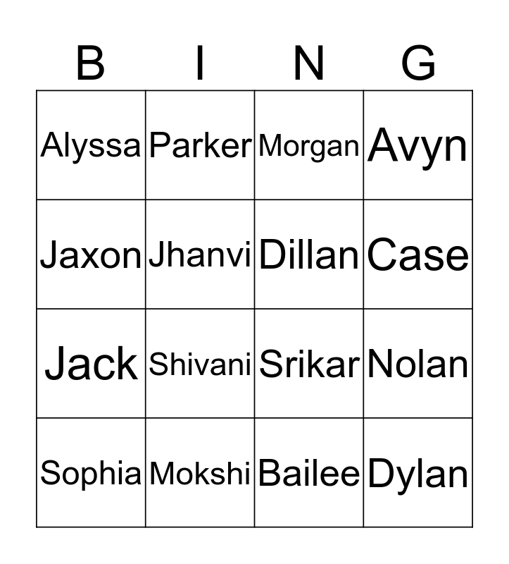 Mrs. May's Name Bingo Card