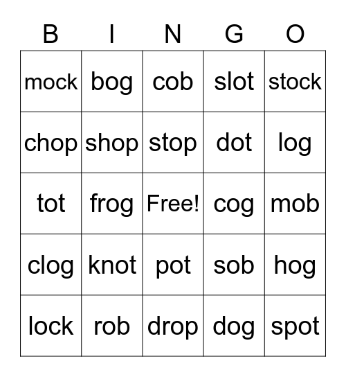 Short "O" Word Family Bingo Card