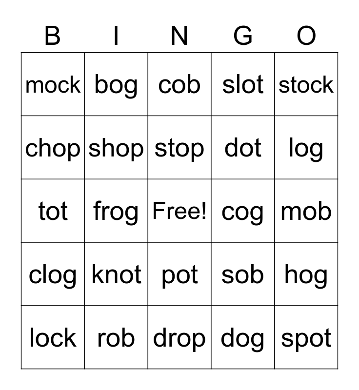 Short "O" Word Family Bingo Card