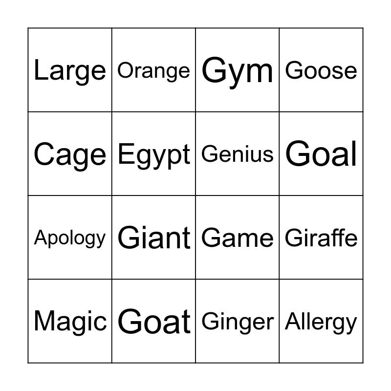 G, GE, GI, GY Bingo Card