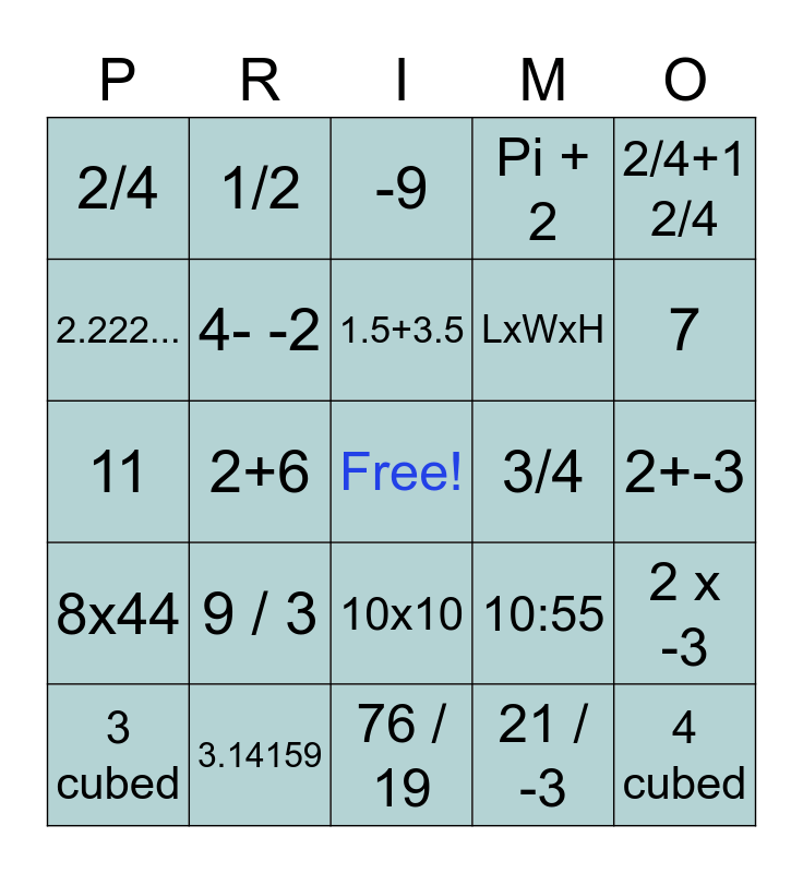 A1 Group Math: Primo Bingo Card