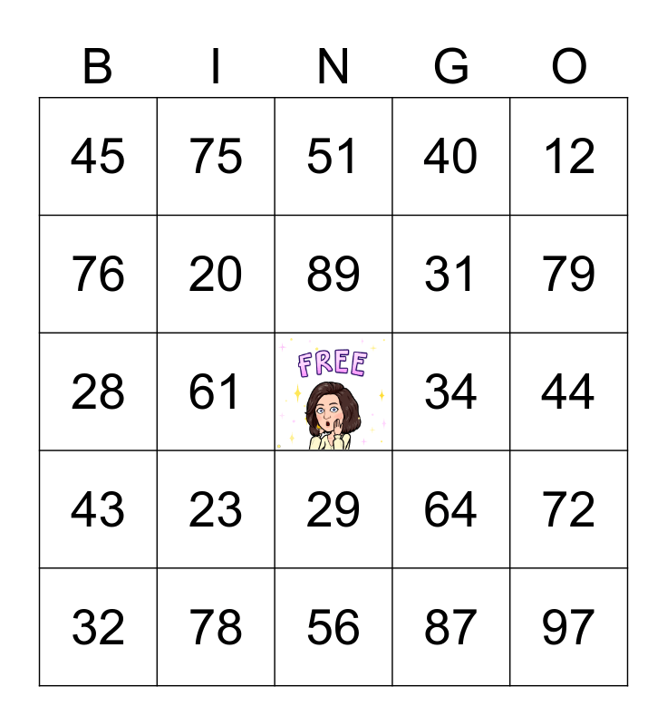 2 digit numbers Bingo Card