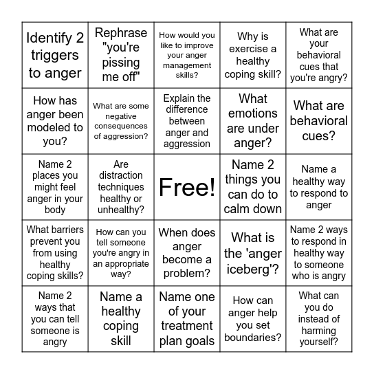 Anger Management Coping Skills Bingo Card Anger Management Coping Skills Bingo Card