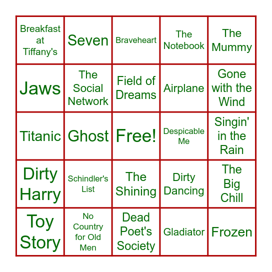 Famous Movies, Scenes, Characters or Actors Bingo Card