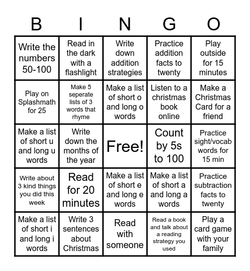 Homework Bingo Card