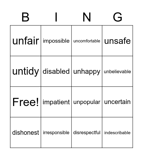ADJECTIVES Bingo Card