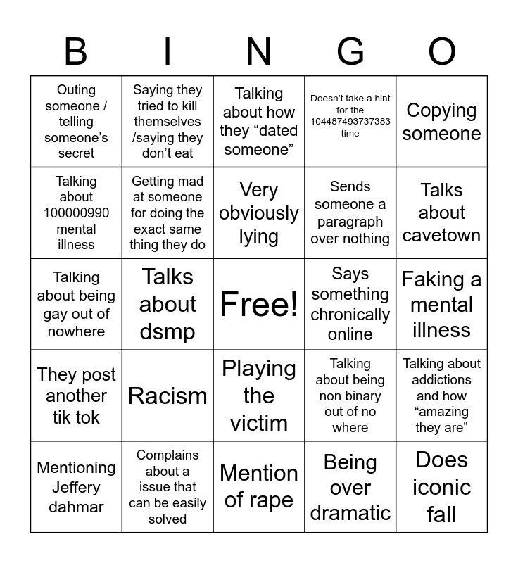 Silly Willy bingo Card