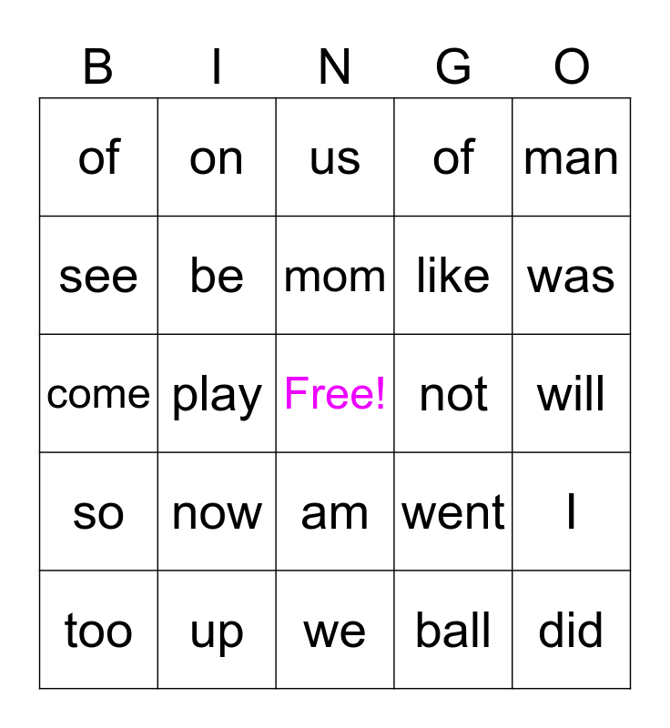 Kindergarten Sight Words Bingo Card