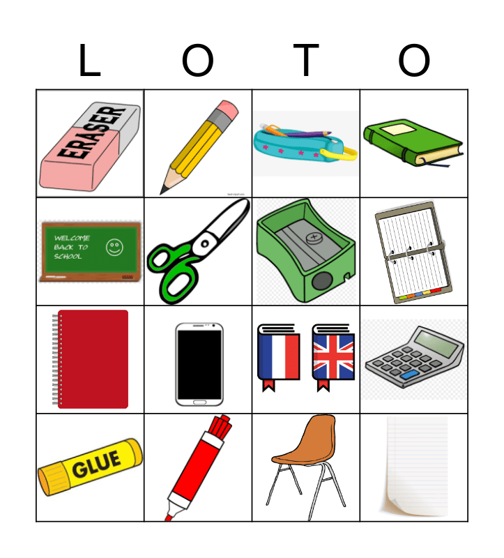 Les fournitures scolaires Bingo Card
