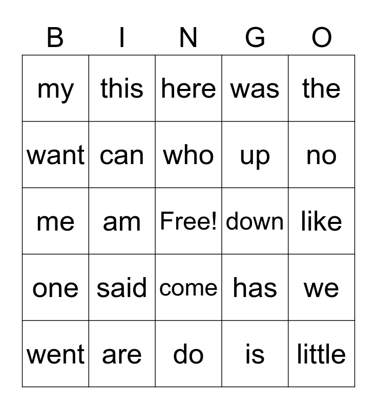 Power Word Bingo Card