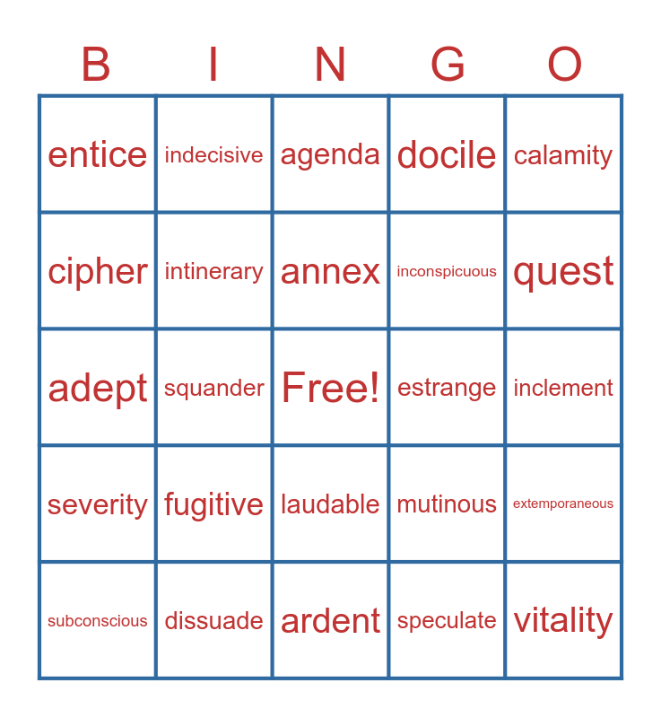 List 1-8 vocab Bingo Card