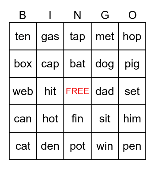 CVC Words Bingo Card
