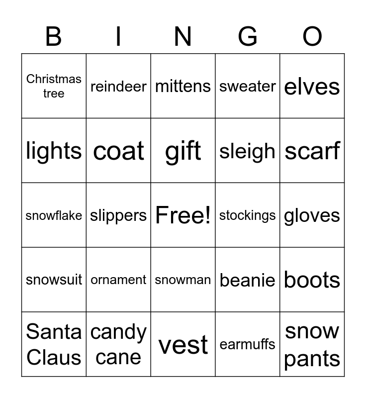 Christmas and Winter Clothing Bingo Card