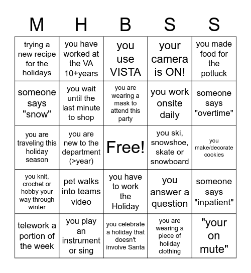 Holiday Mental Health Bingo Card
