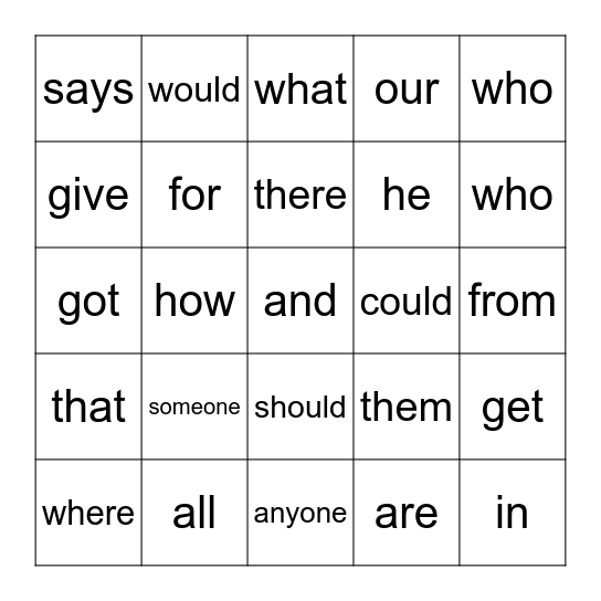 Sight word fluency Bingo Card