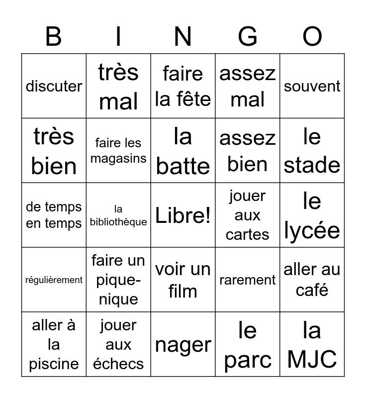 Bien Dit 1 Chapitre 2 Vocabulaire 2 Bingo Card