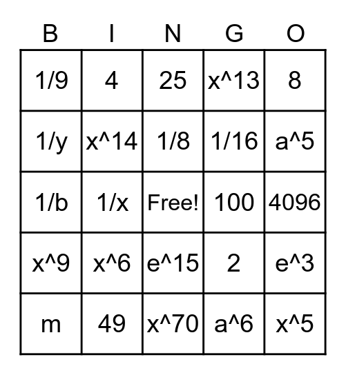 Properties of Exponents BINGO Card