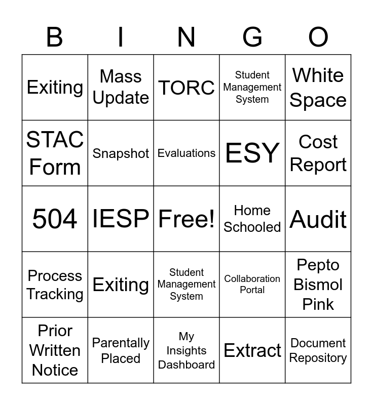 Special Ed BINGO Card