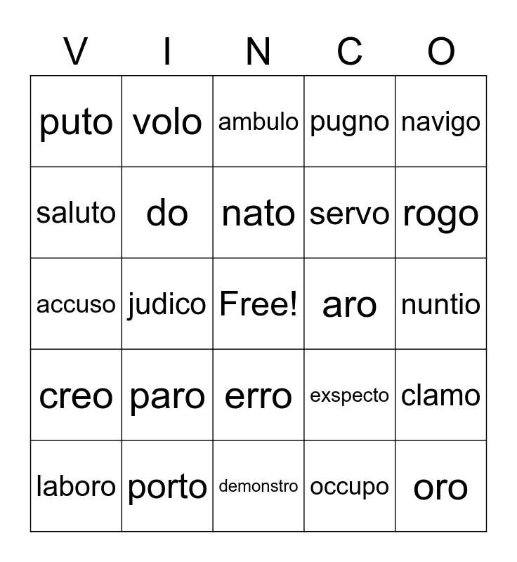 First Form VINCO - 1C VERBS Bingo Card