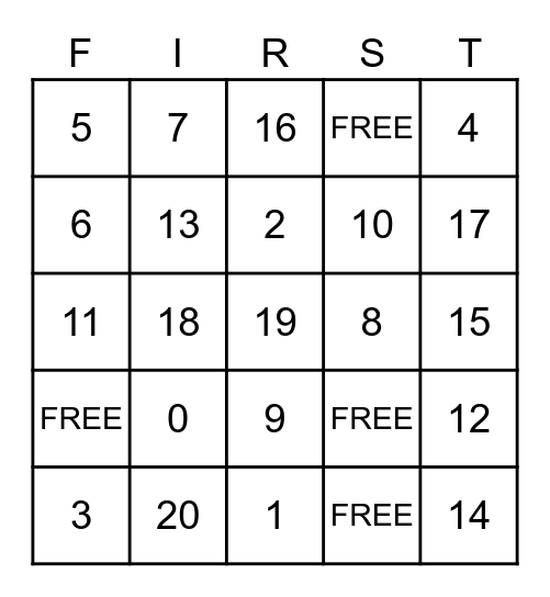Numbers 1-20 Bingo Card