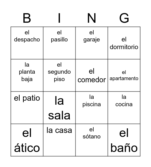 Spanish Vocab Bingo Card