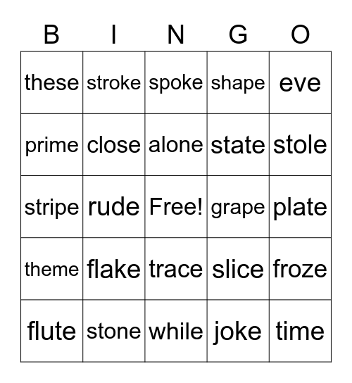 Long Vowels CVCe Bingo Card