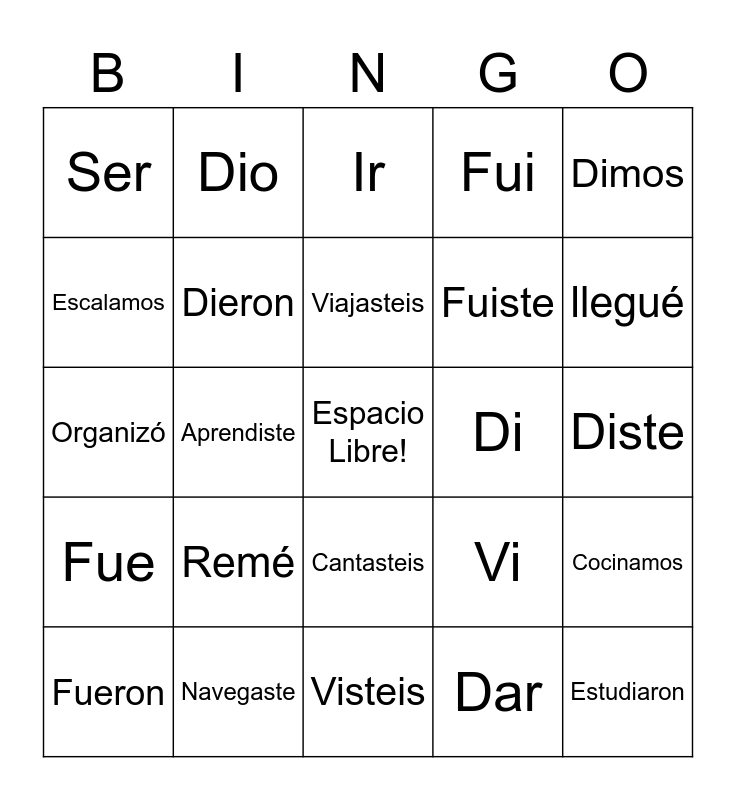 Very Irregular Preterites Bingo Card