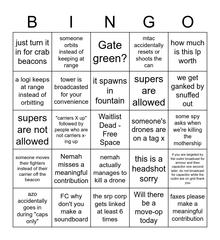 Incursion Squad Bingo Card