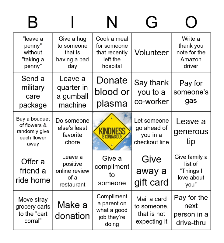 Random Acts of Kindness Bingo Card