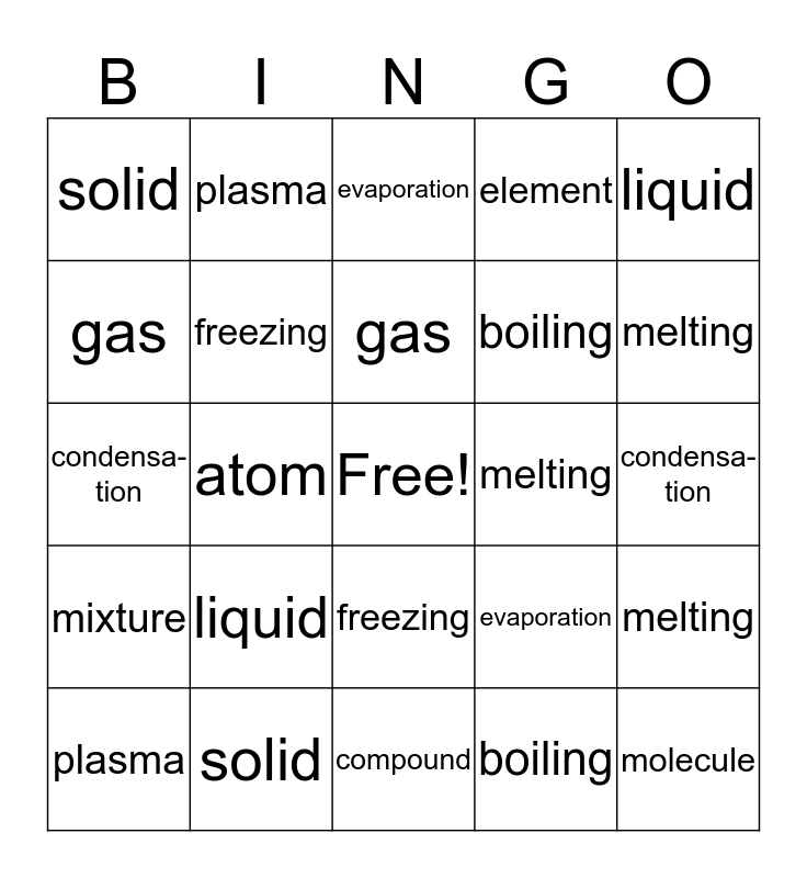 States of Matter BINGO Card