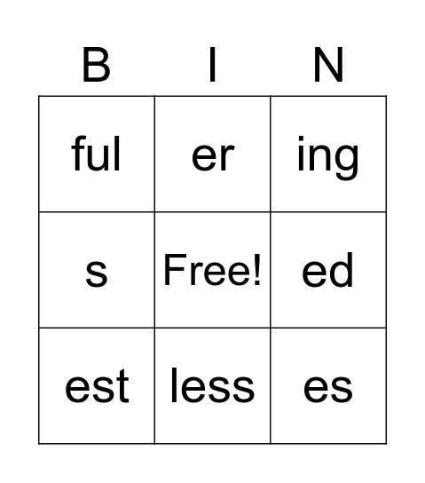 Suffix Bingo Card