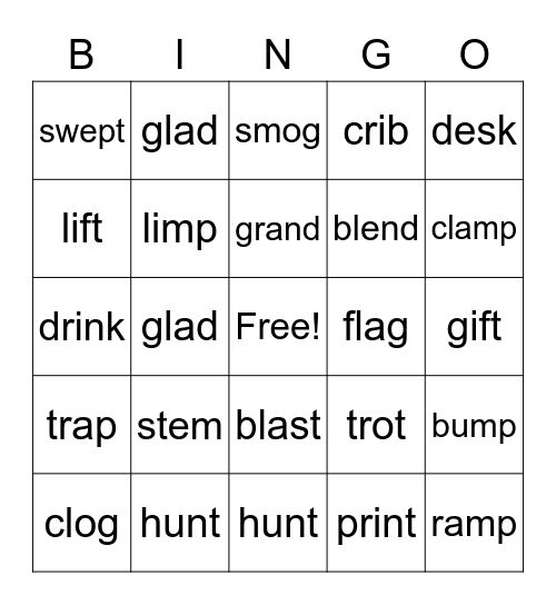 Consonant Clusters Bingo Card