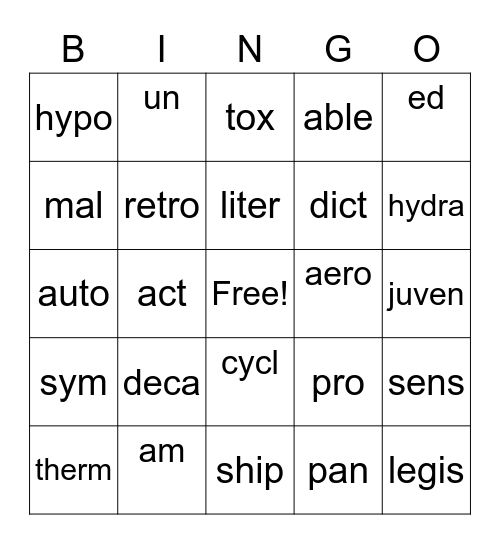 Roots and Affixes Bingo Card