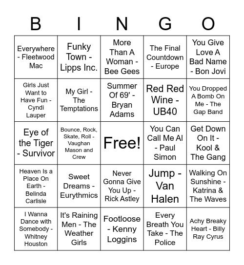 80's Throwbacks Bingo Card