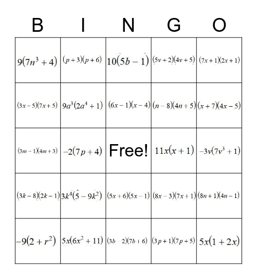 GCF and Factor by Grouping Bingo Card