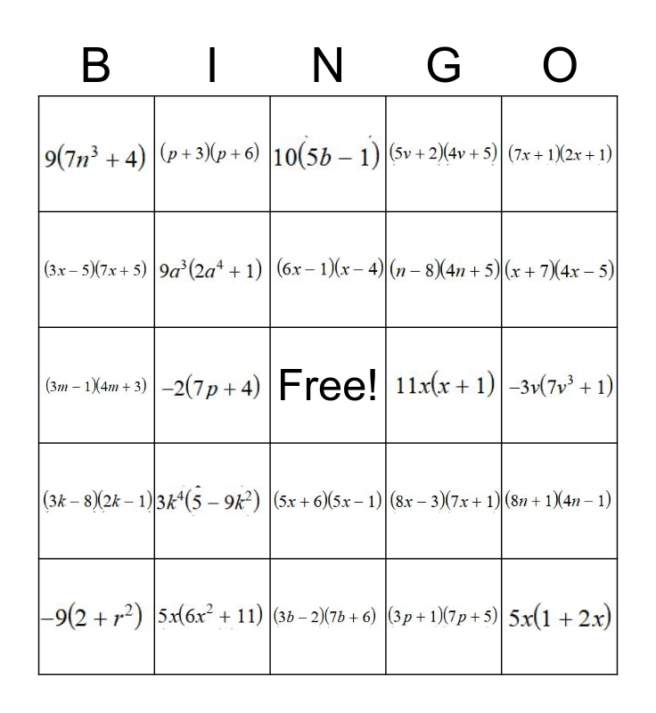 GCF and Factor by Grouping Bingo Card