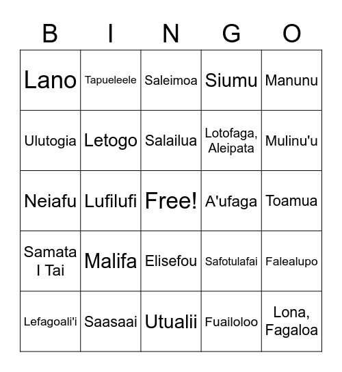 BINGO - TRAVELLING SAMOA Bingo Card